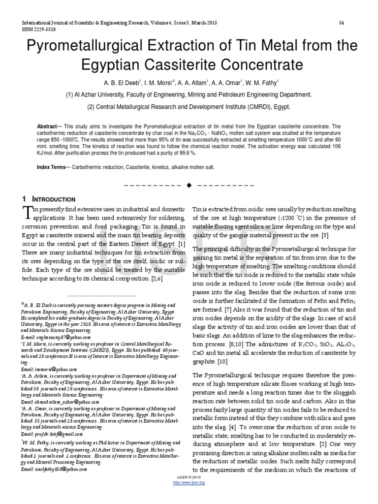 Pyrometallurgical Extraction of Tin Metal From The Egyptian Cassiterite ...