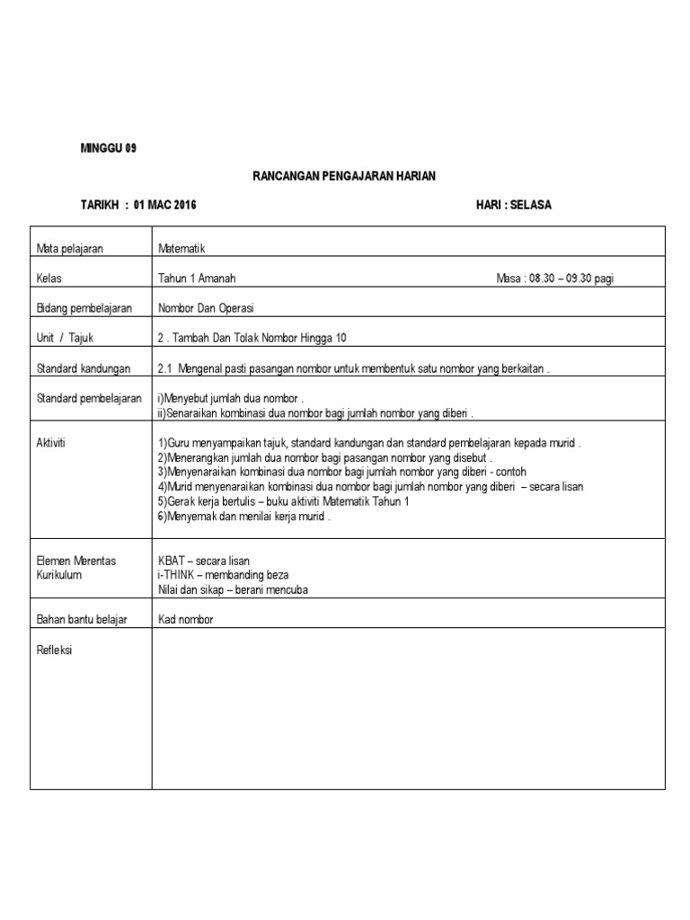 RPH Matematik Tahun 1 | PDF