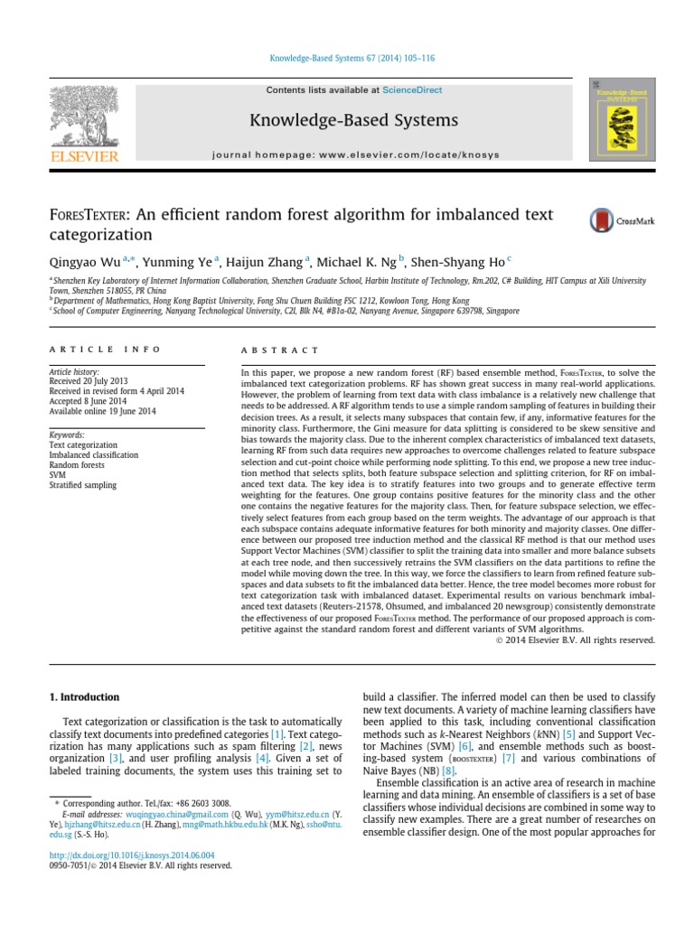 Forestexter An Efficient Random Forest Algorithm For Imbalanced Text Categorization Pdf