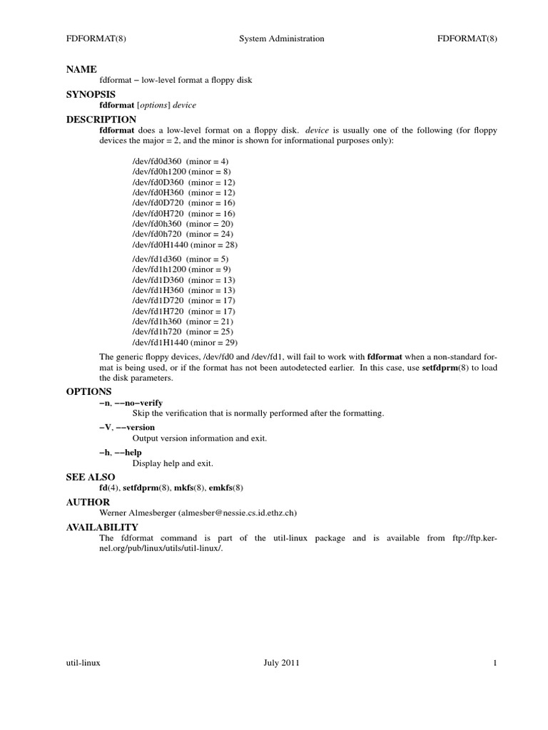 Name Synopsis Description: Fdformat (Options) Device | PDF