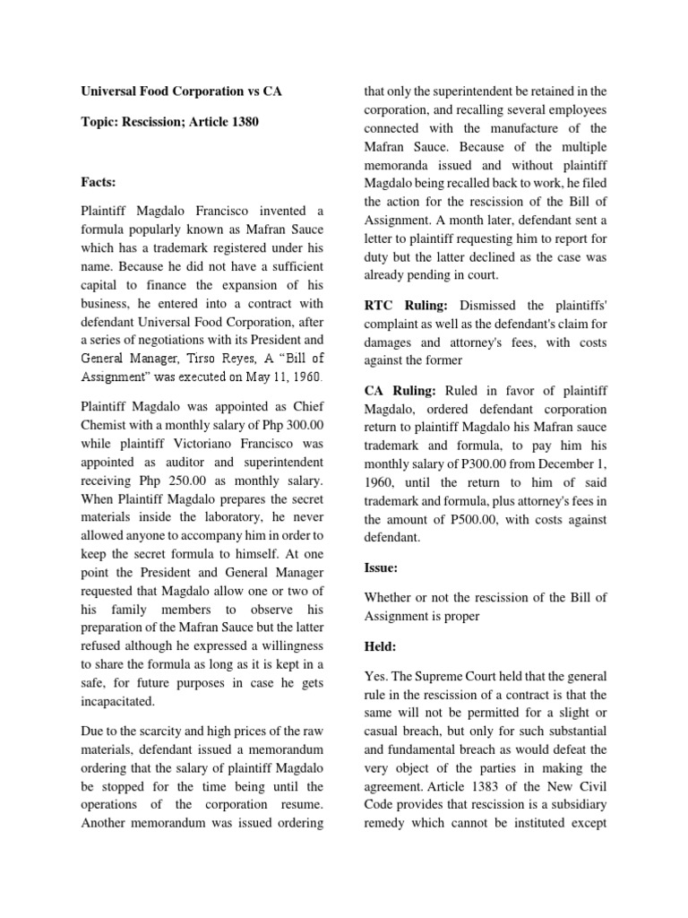 Universal Food Corp Rescission Case | PDF | Fraud | Rescission
