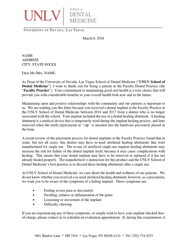 UNLV Letter About Single-Use Implant Piece Used On Multiple Patients ...