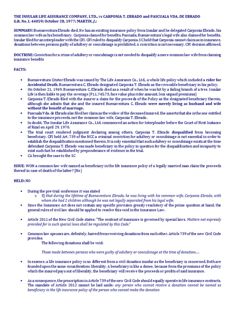 Insular Life v Ebrado | PDF | Life Insurance | Adultery