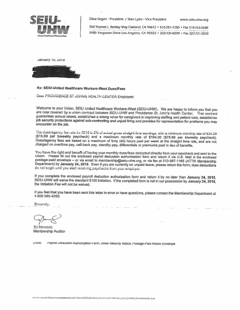SEIU-UHW's Letter To Members On Dues: 01-10-2018 | PDF