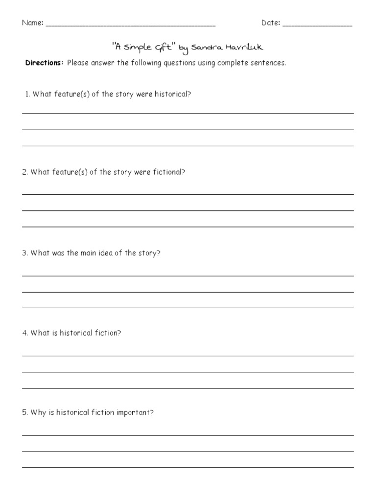 Independent Worksheet - A Simple Gift Sandra Havriluk | PDF