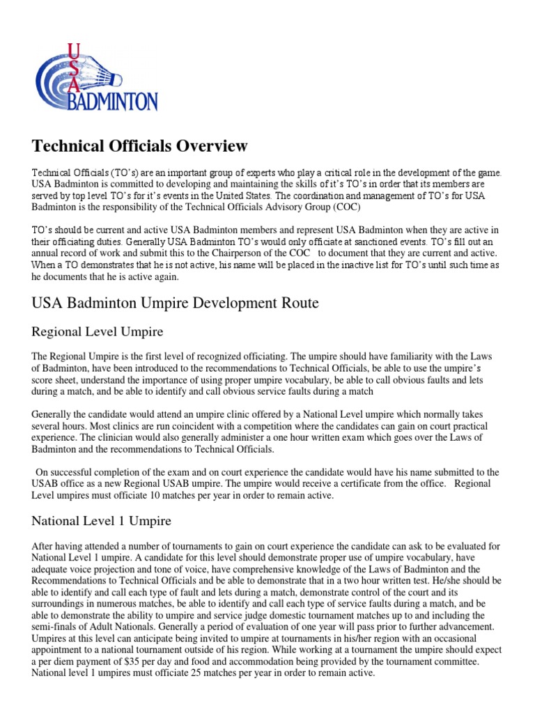 USA Badminton Technical Officials Guide | PDF | Referee | Test (Assessment)
