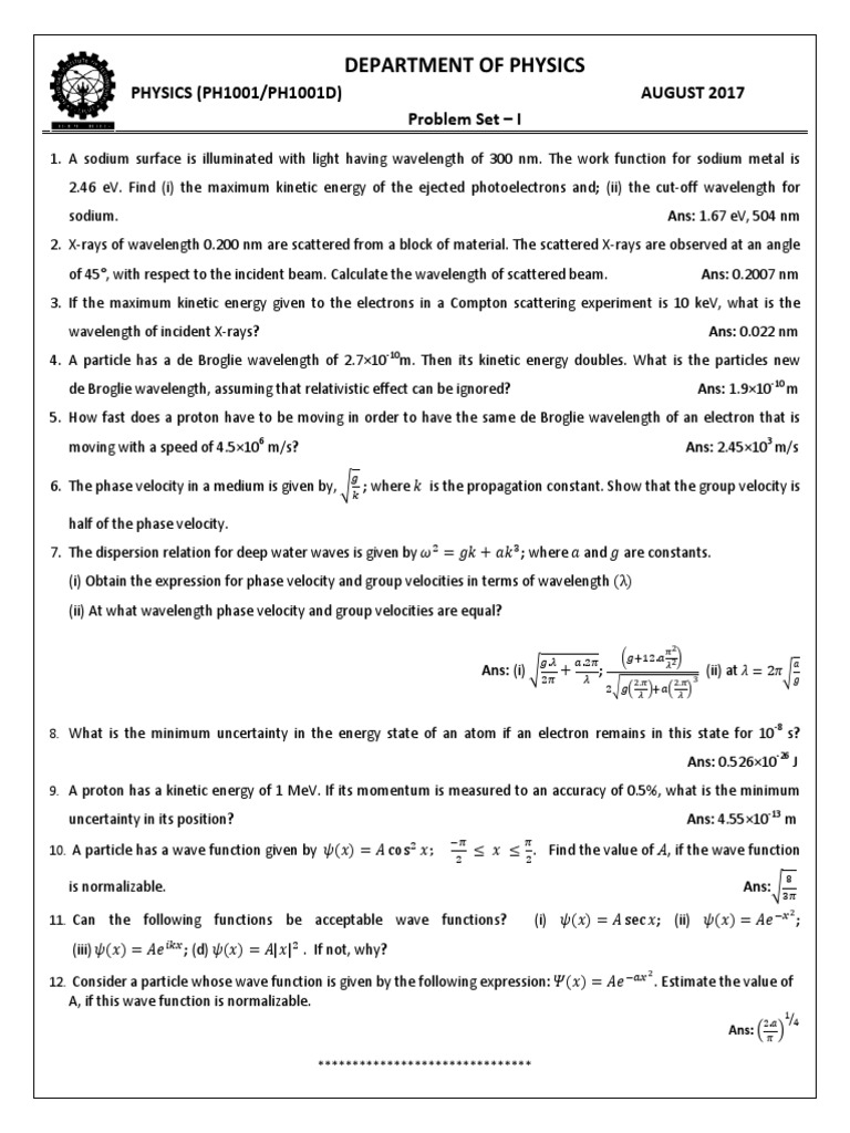 Problem Set I | PDF | Wavelength | Electronvolt