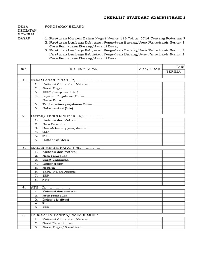 Cheklist Standar Administrasi SPJ Desa | PDF