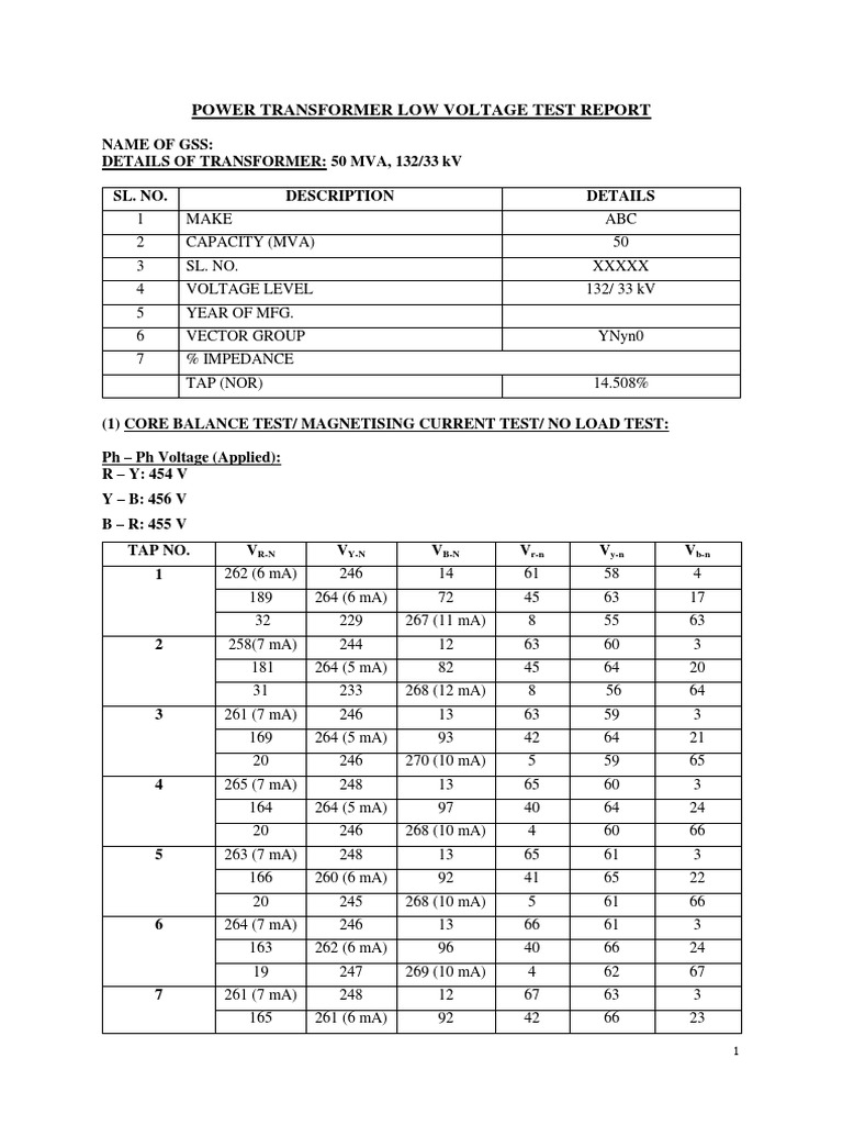 POWER TRANSFORMER LOW VOLTAGE TEST REPORT SUMMARY | PDF | Power ...