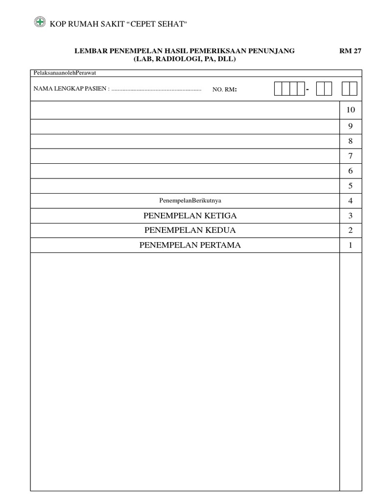 RM 27 Lembar Penempelan Hasil Pemeriksaan Penunjang (Lab, Radiologi, PA ...