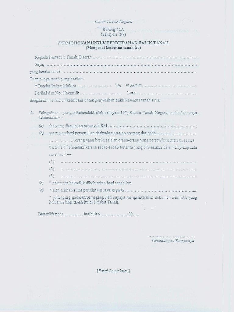 Borang 12A - Permohonan Untuk Penyerahan Balik Tanah | PDF