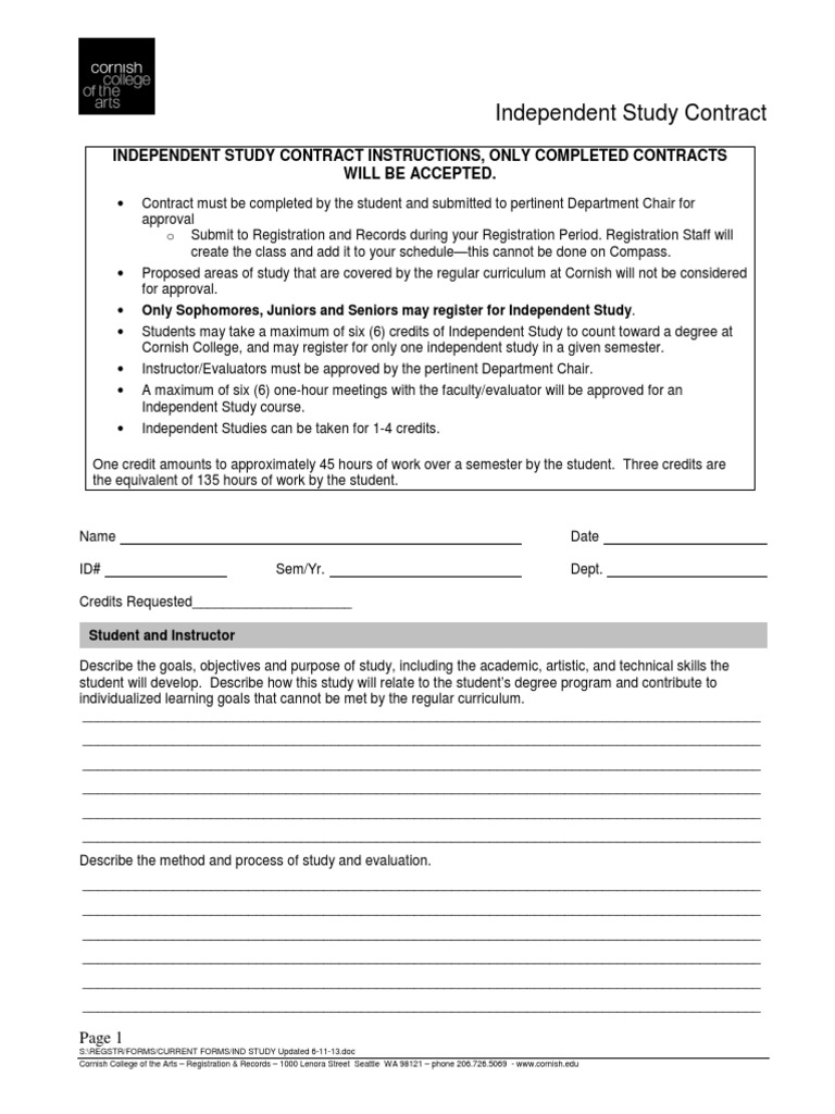 Independent Study Contract Instructions, Only Completed Contracts Will ...