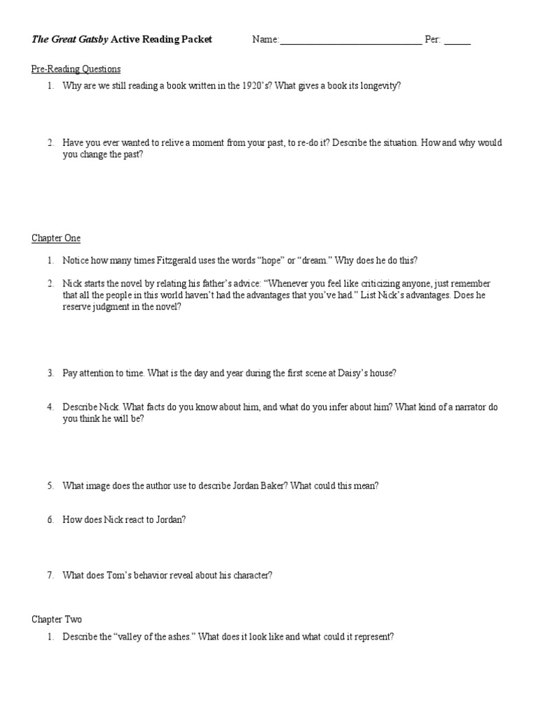 The Great Gatsby Active Reading Packet: Name: - Per | PDF | The Great ...