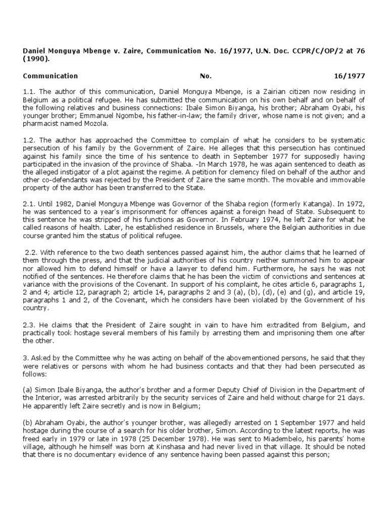 Mbenge v. Zaire: Human Rights Case Summary | PDF | European Convention ...