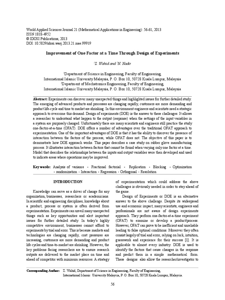 Improvement of One Factor at A Time Through Design of Experiments | PDF ...