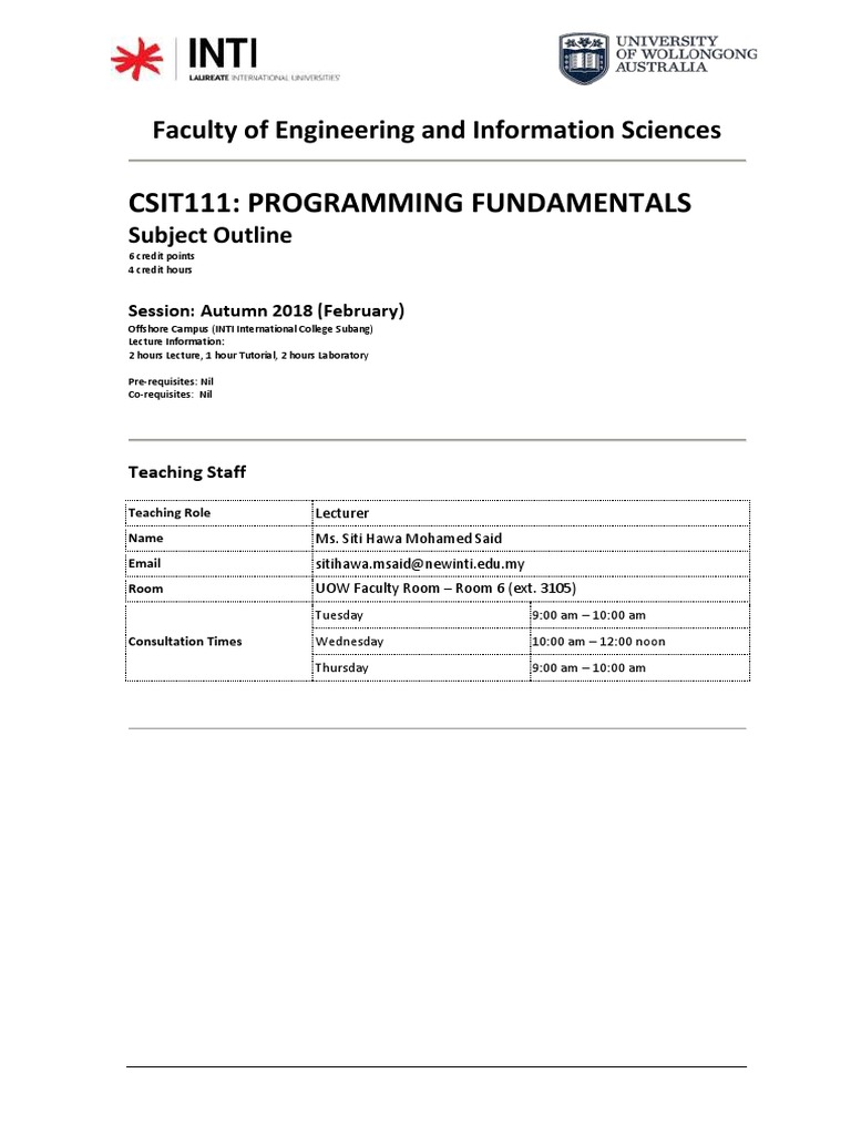 CSIT111 SubjectOutline Feb2018 | PDF | Educational Assessment | Plagiarism