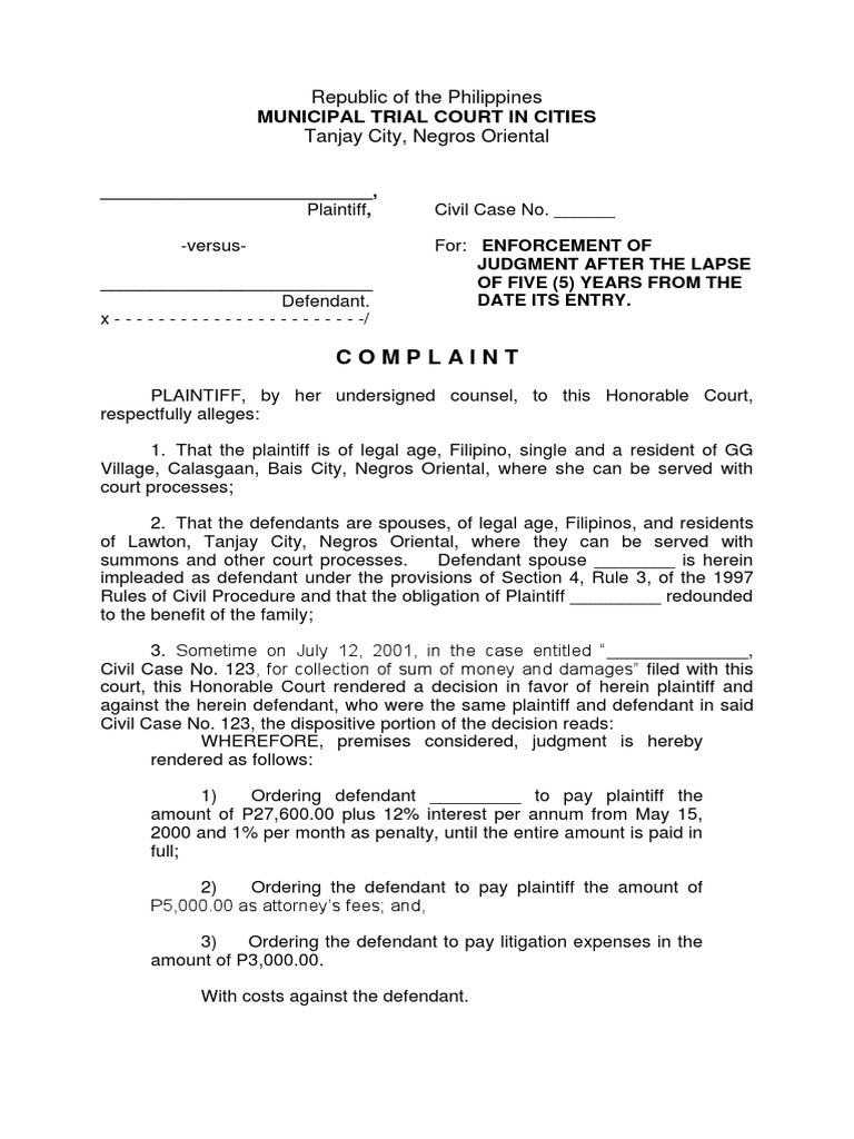 Sample Revival of Judgment | Lawsuit | Complaint