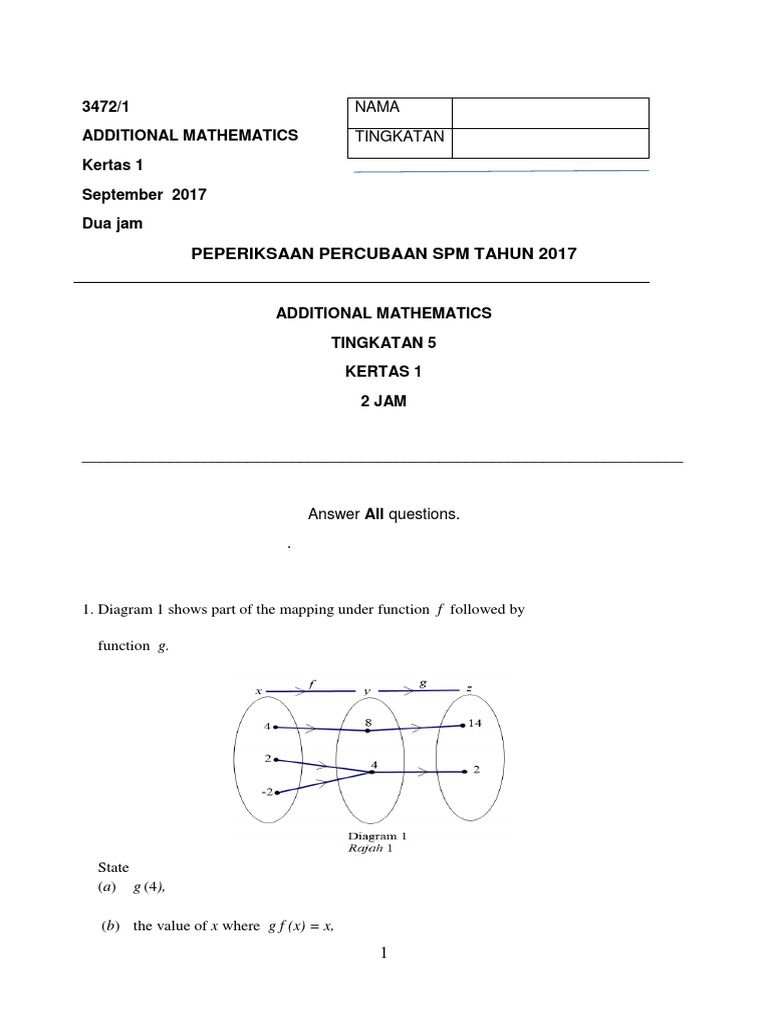 Peperiksaan Percubaan SPM Add Maths Paper 1 2017 | PDF | Function ...
