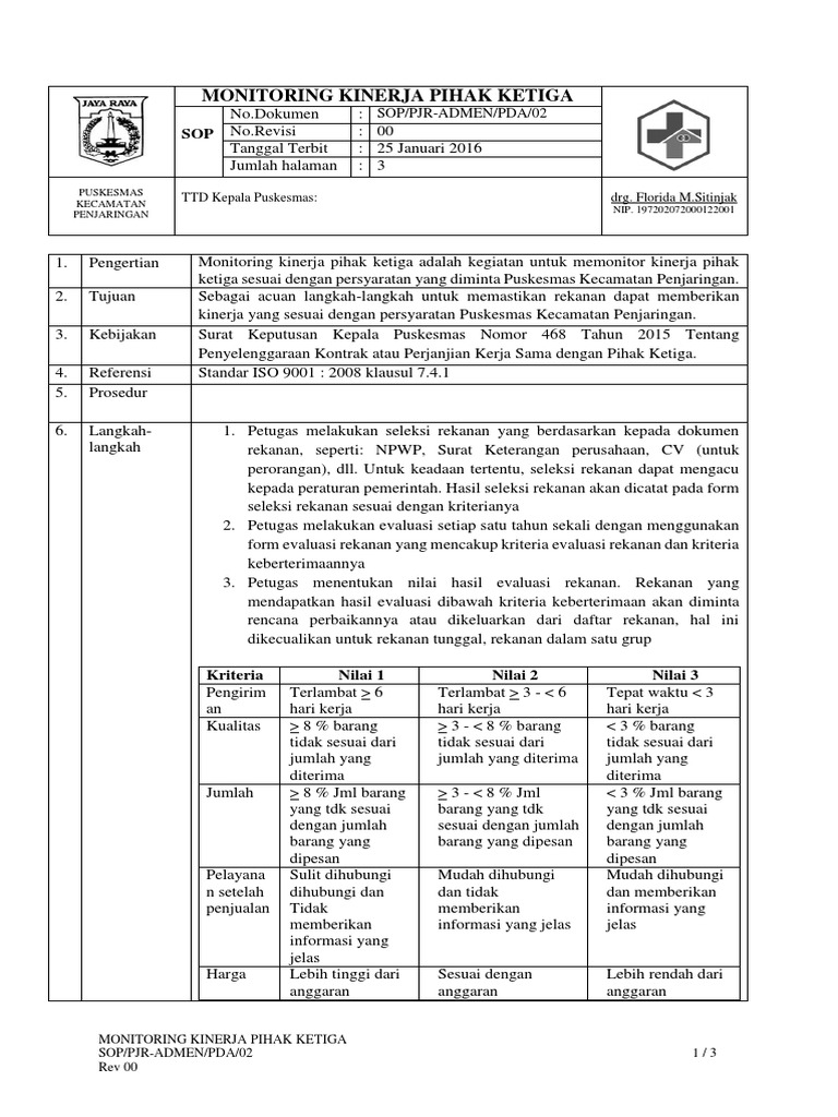 2.5.2 Ep 2 Sop Monitoring Kinerja Pihak Ketiga | PDF