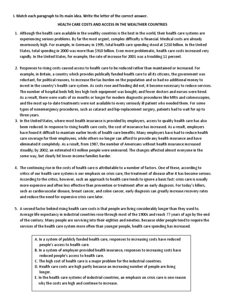 I. Match Each Paragraph To Its Main Idea. Write The Letter of The ...