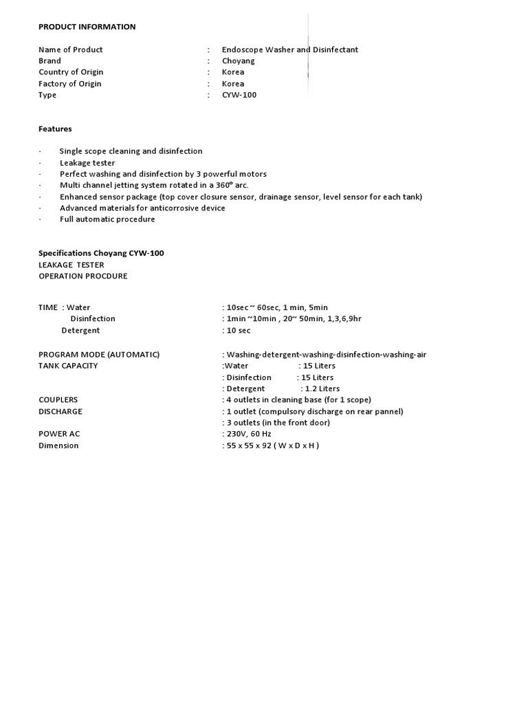 Spesifikasi Endoscope Washer and Disinfectant Choyang CYW-100 | PDF ...