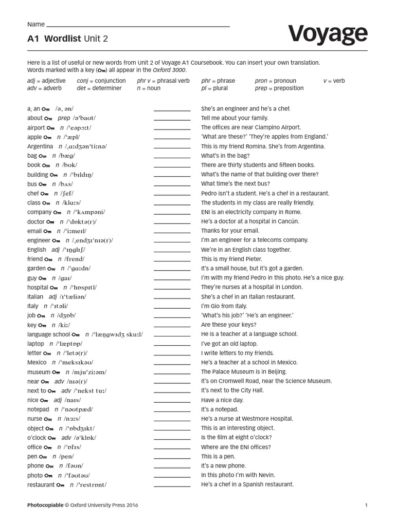 Voyage A1 Wordlist Unit 2 | PDF | Verb | Syntax