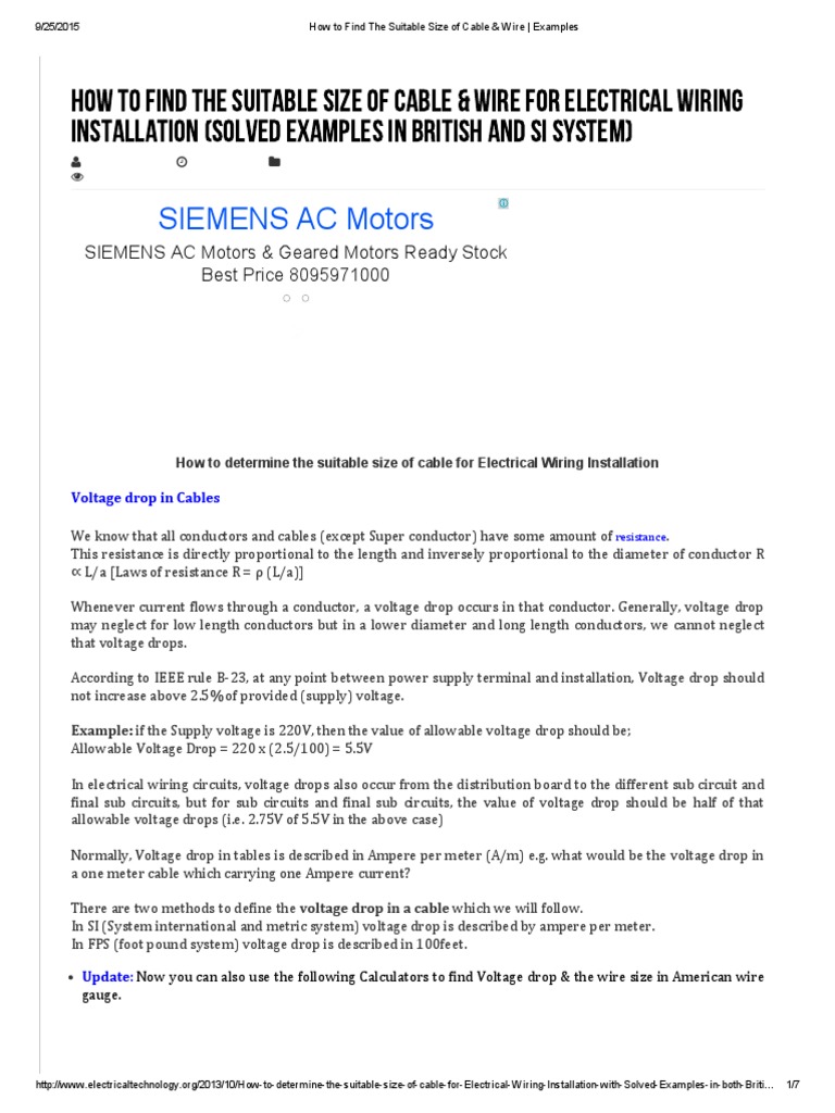 How To Find The Suitable Size of Cable & Wire - Examples | PDF ...