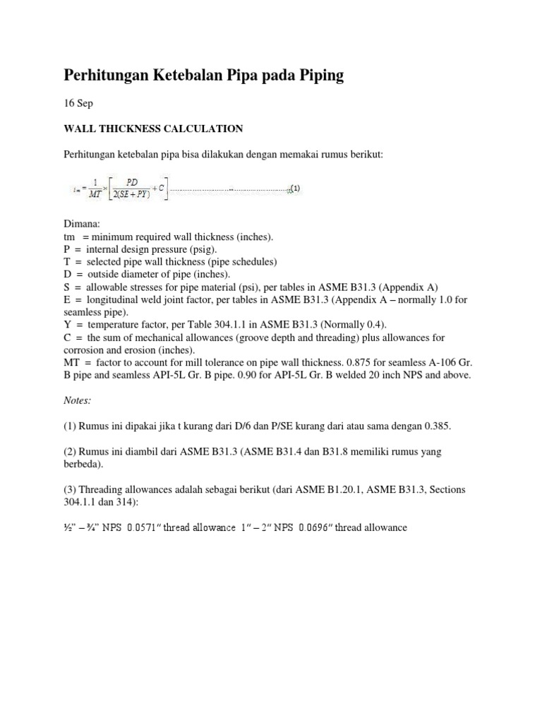 Perhitungan Ketebalan Pipa Pada | PDF