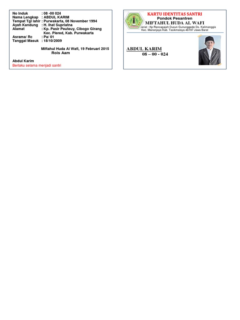 Kartu Identitas Santri | PDF