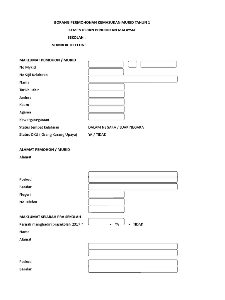 Borang Permohonan Tahun 1 | PDF