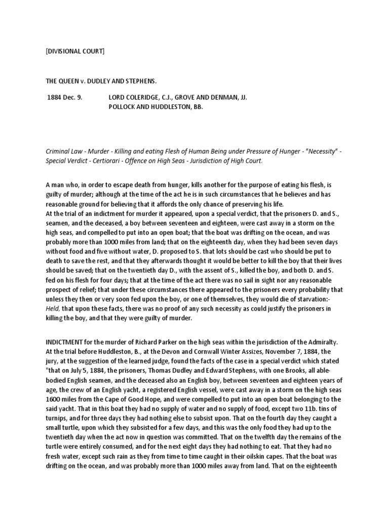 Case - The Queen Vs Dudley and Stephens | PDF | Verdict | Murder