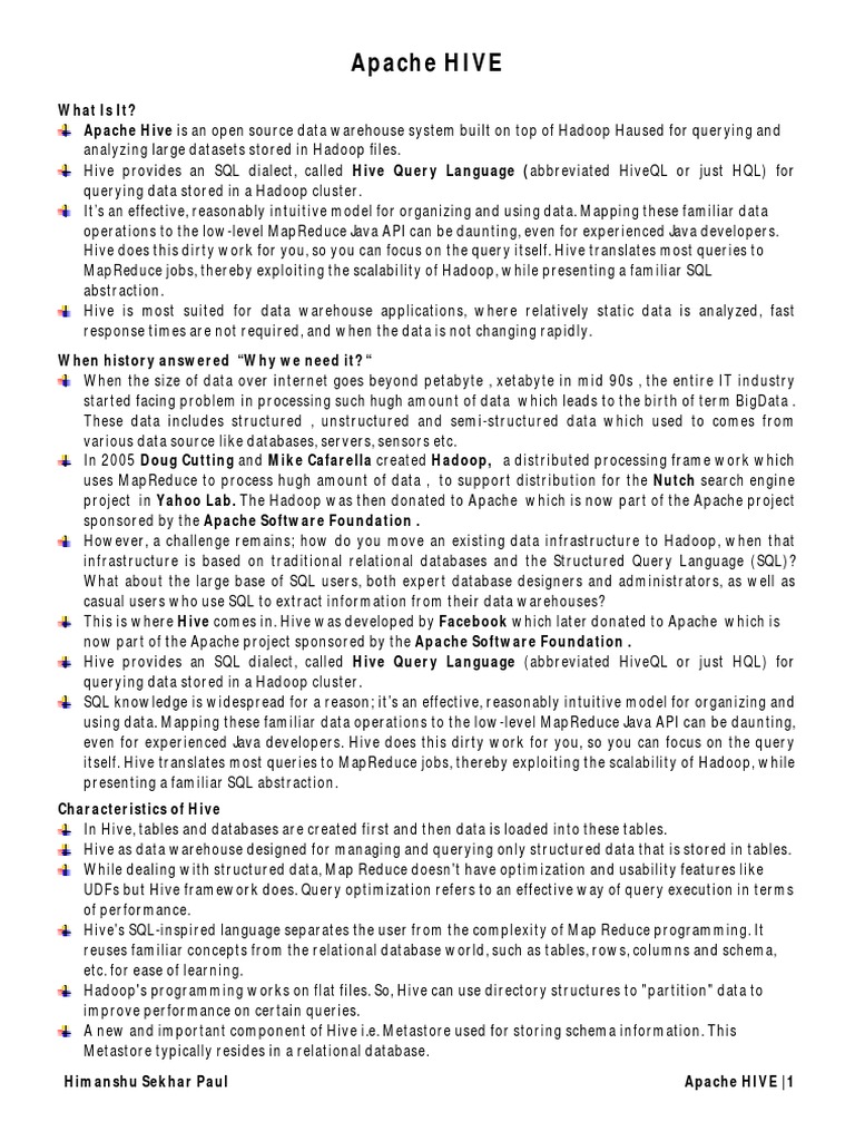 Apache HIVE | PDF | Apache Hadoop | Map Reduce