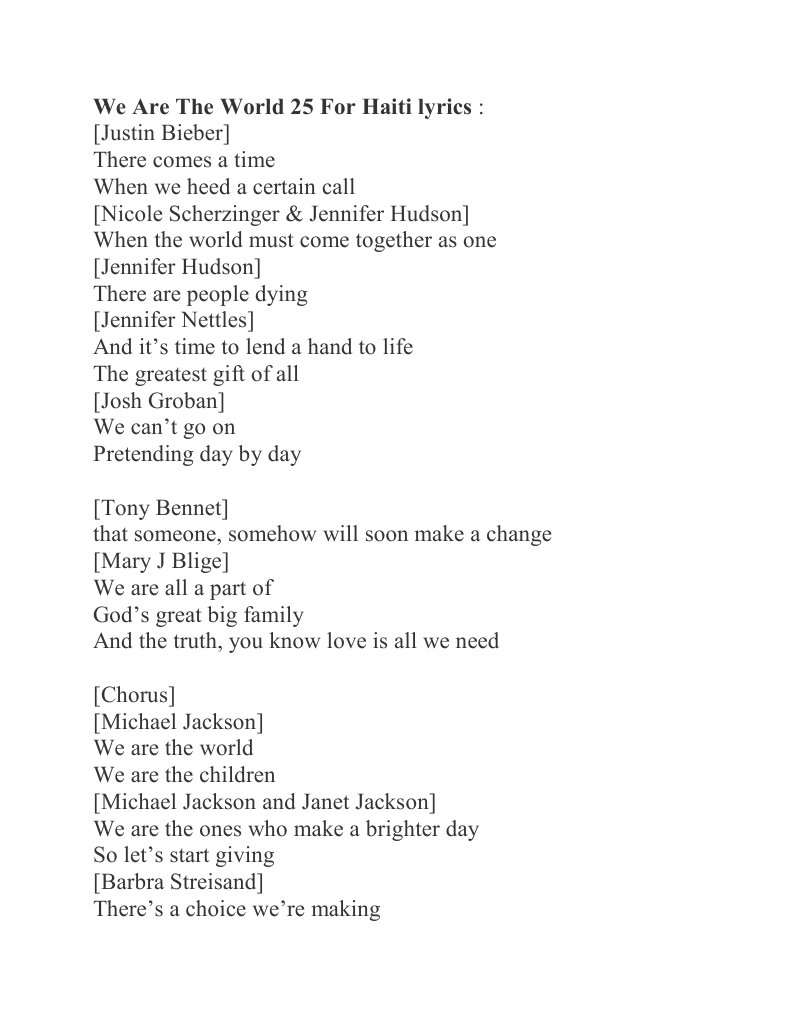 We Are The World 25 For Haiti Lyrics | PDF | Popular Music | Music Industry