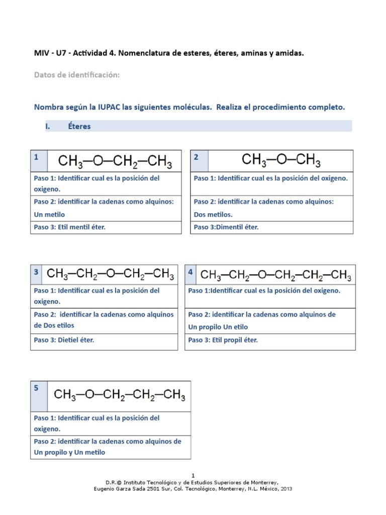 MIV-U7 - Actividad 4. Nomenclatura de Esteres, Éteres, Aminas y Amidas | PDF | Amida | Alcohol