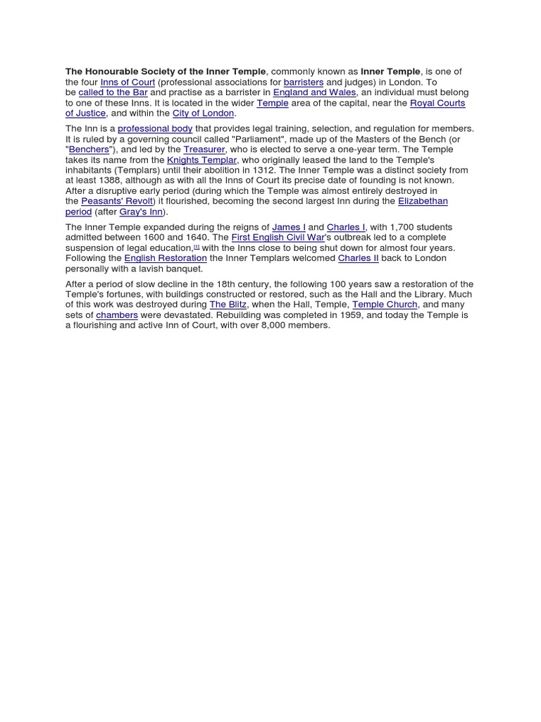 The Honourable Society of The Inner Temple, Commonly Known As Inner ...