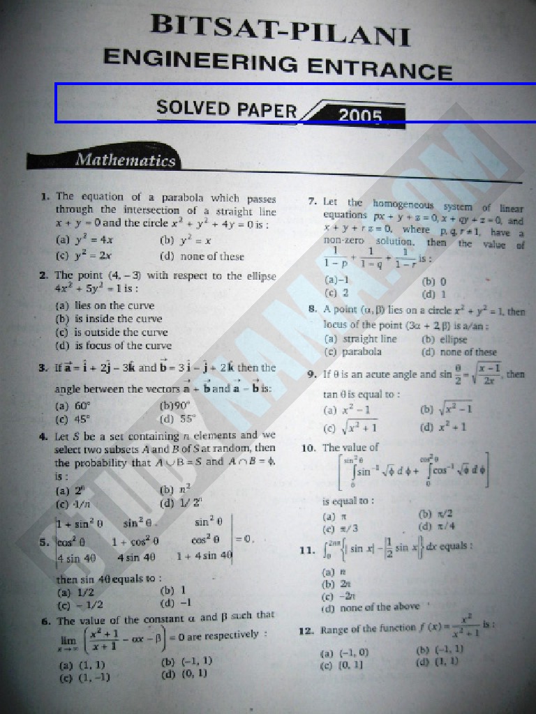 BITSAT 2005 Solved Question Paper PDF | PDF
