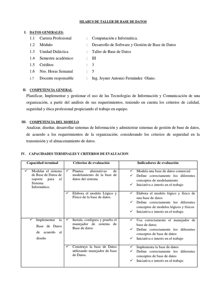 Silabo de Taller de Base de Datos | Descargar gratis PDF | SQL | Bases de datos