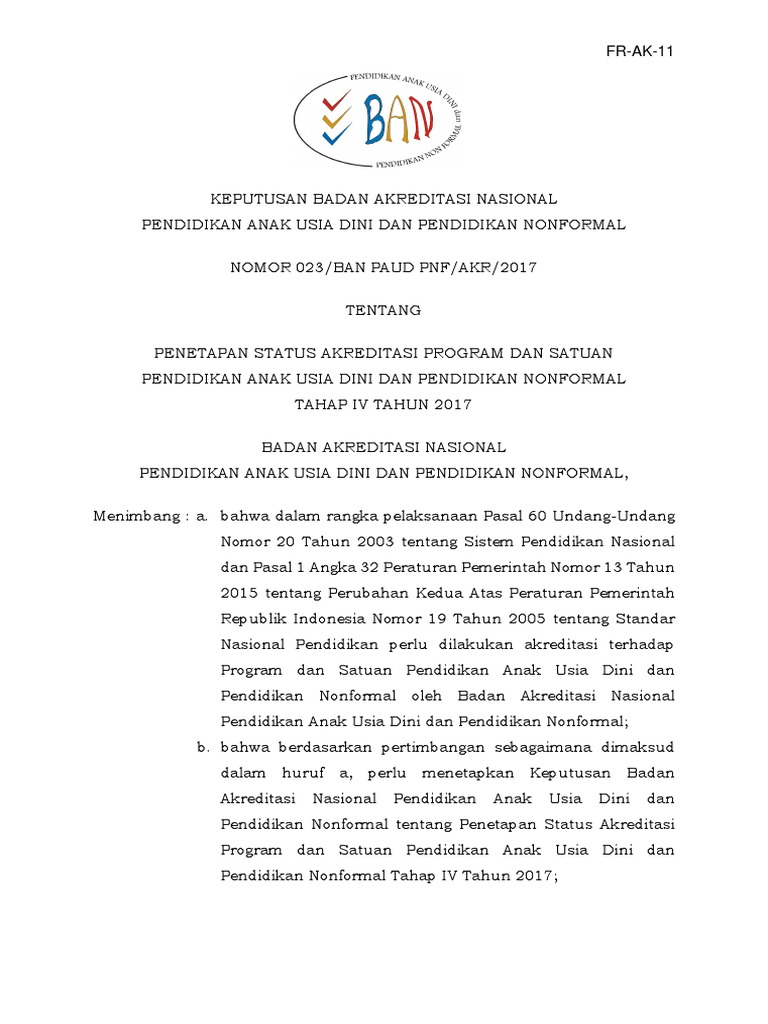 SKHasil Akreditasi BAN PAUD PNF Tahap 4 Tahun 2017 PDF | PDF