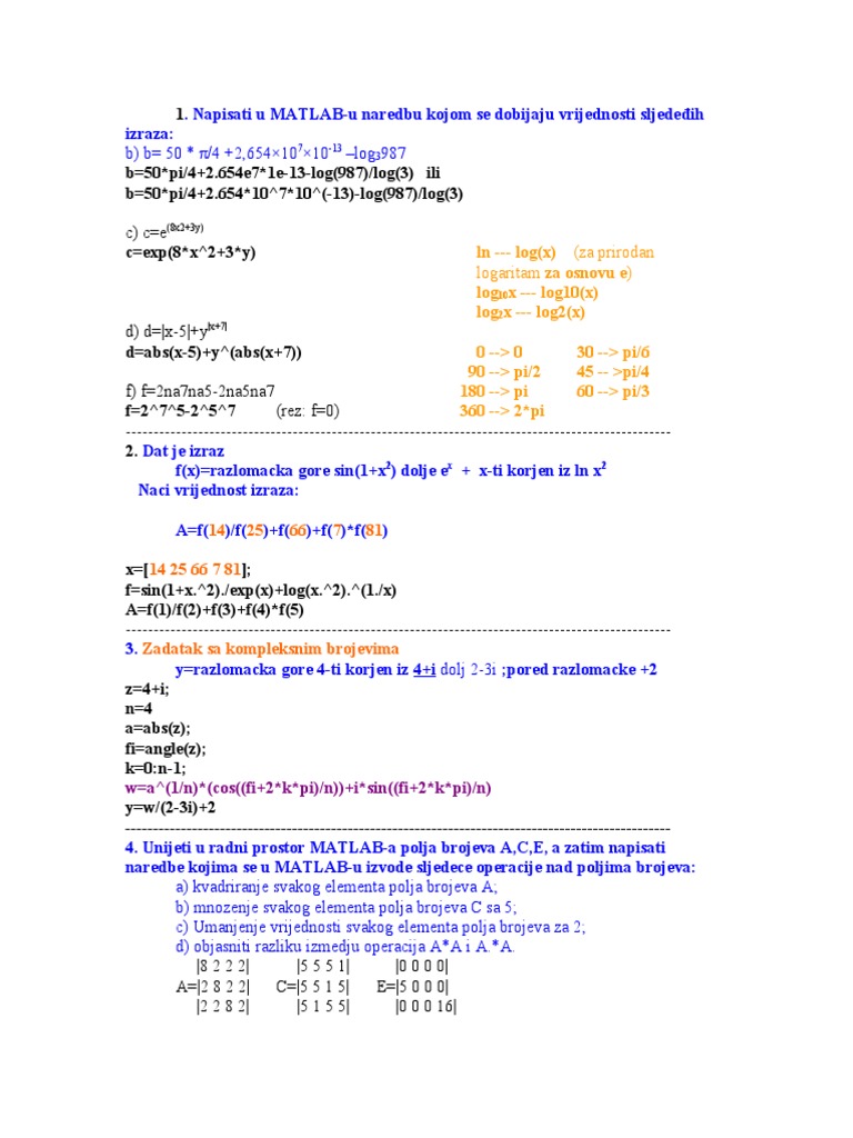 MATLAB Zadaci Sa Rjesenjima | PDF