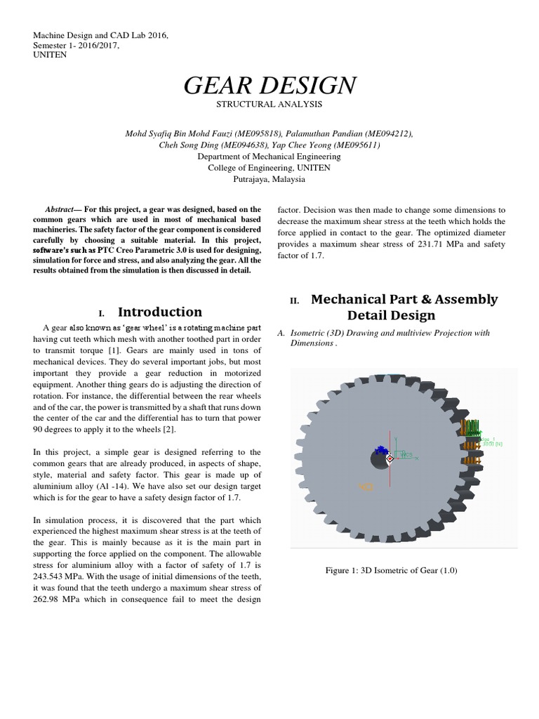 CAD Lab Project UNITEN | PDF | Strength Of Materials | Gear