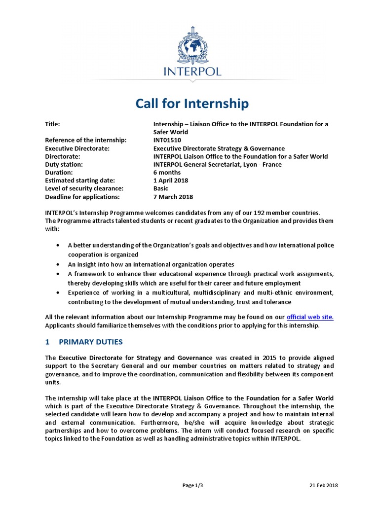INTERPOL Internship Opportunity 2018 | PDF | Internship | Job Hunting
