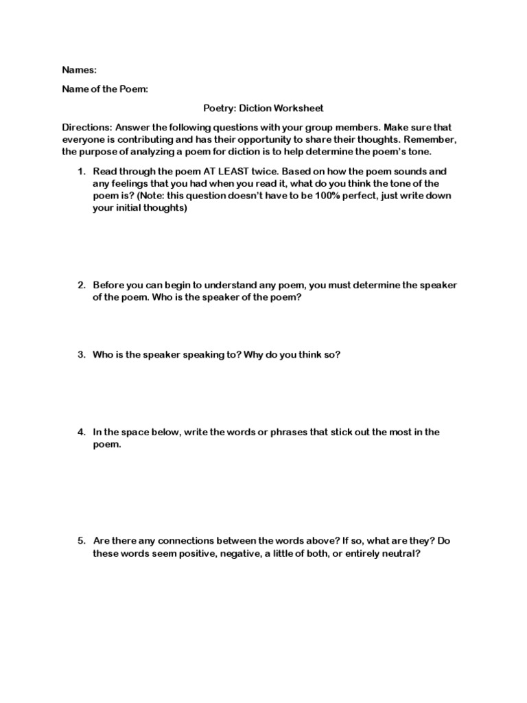 diction worksheet poems | Poetry | Fiction & Literature