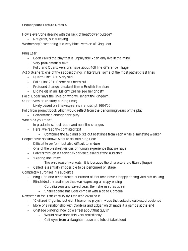 Shakespeare Lecture Notes | PDF | King Lear | William Shakespeare