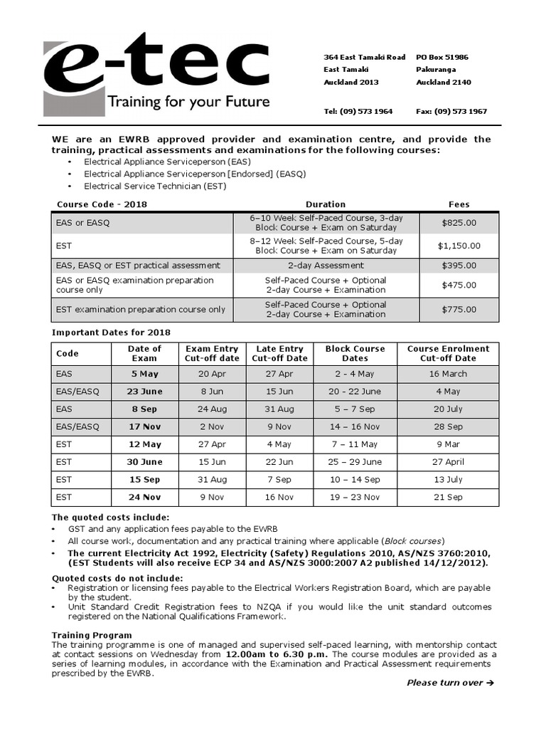 EWRB Course Info - EAS, EASQ and EST Jan 2018 Final v1 | PDF | Fee ...