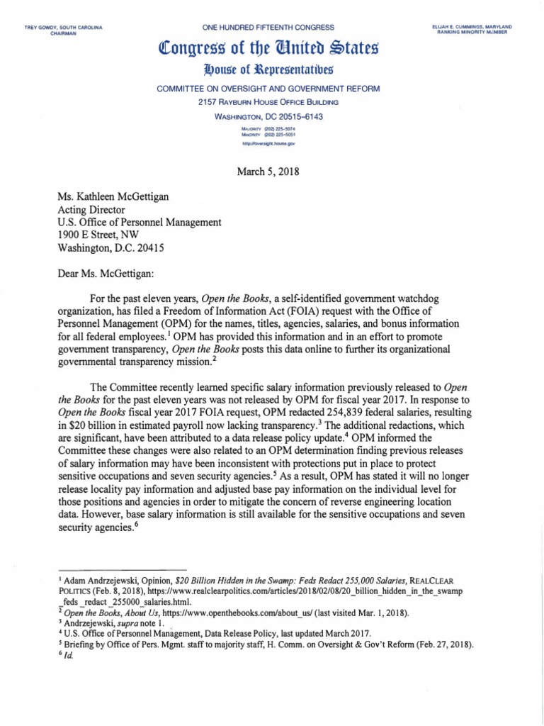 Letter Re: OPM Withholding Federal Employee Salaries | United States ...
