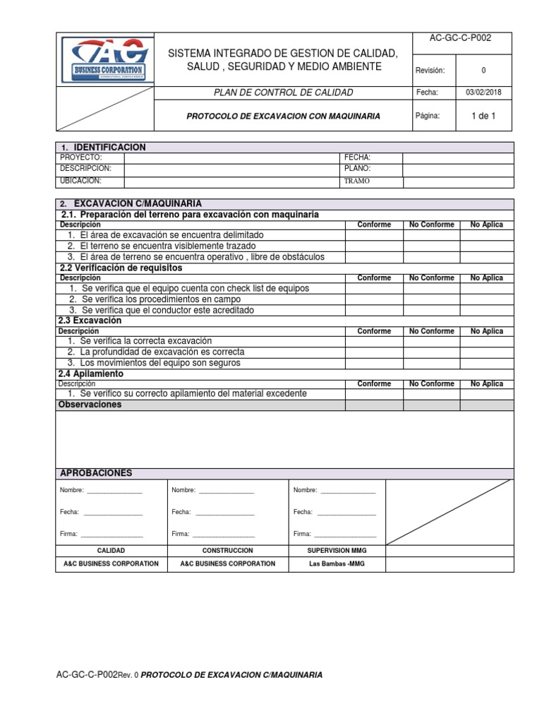 Protocolo de Excavacion Con Maquinaria | PDF | Excavación (Arqueología) | Negocios (general)