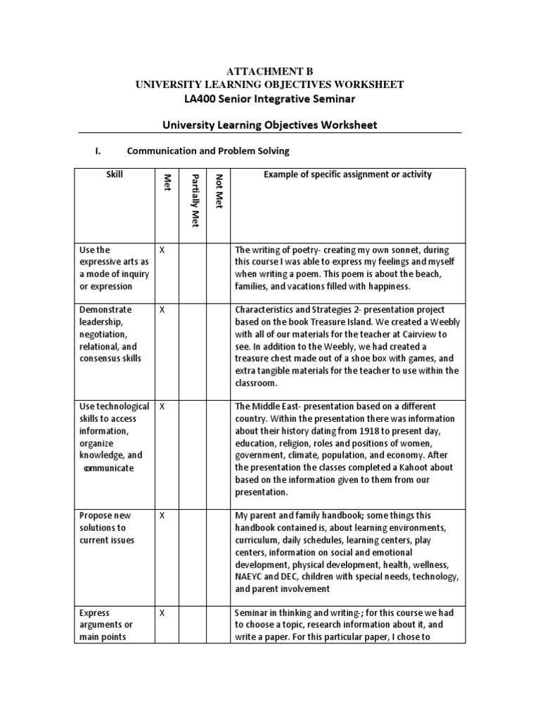 Learning Objectives Worksheet Download Free Pdf Learning Teachers