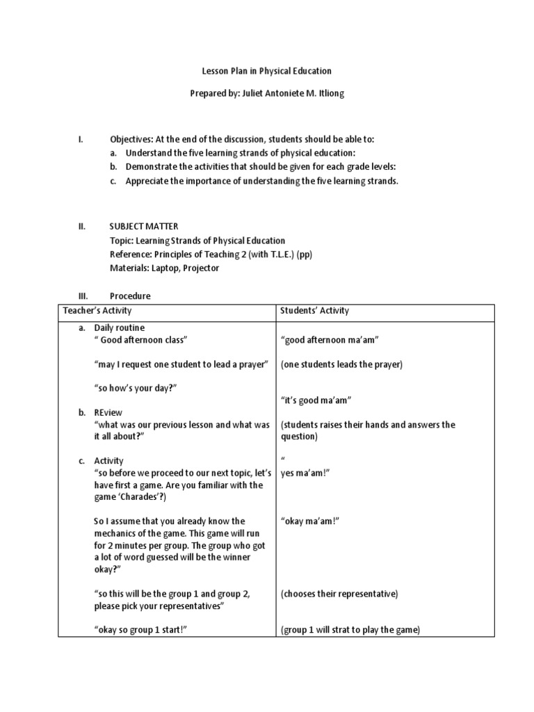 Lesson Plan in Pe | PDF | Physical Education | Lesson Plan