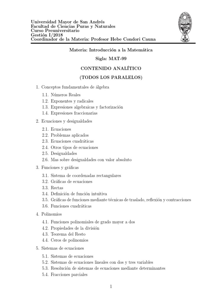 Contenido Analitico y Evaluacion Mat - 99 FCPN-UMSA | PDF | Ecuaciones ...