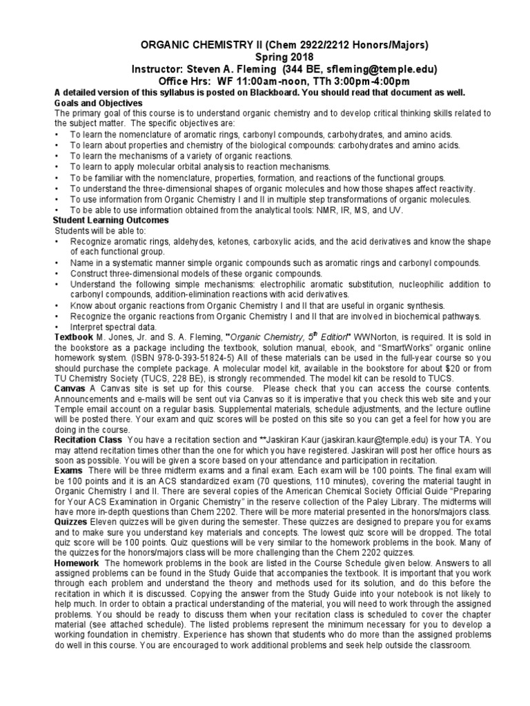 Organic Chemistry II Syllabus: Functional Groups, Reactions, and ...